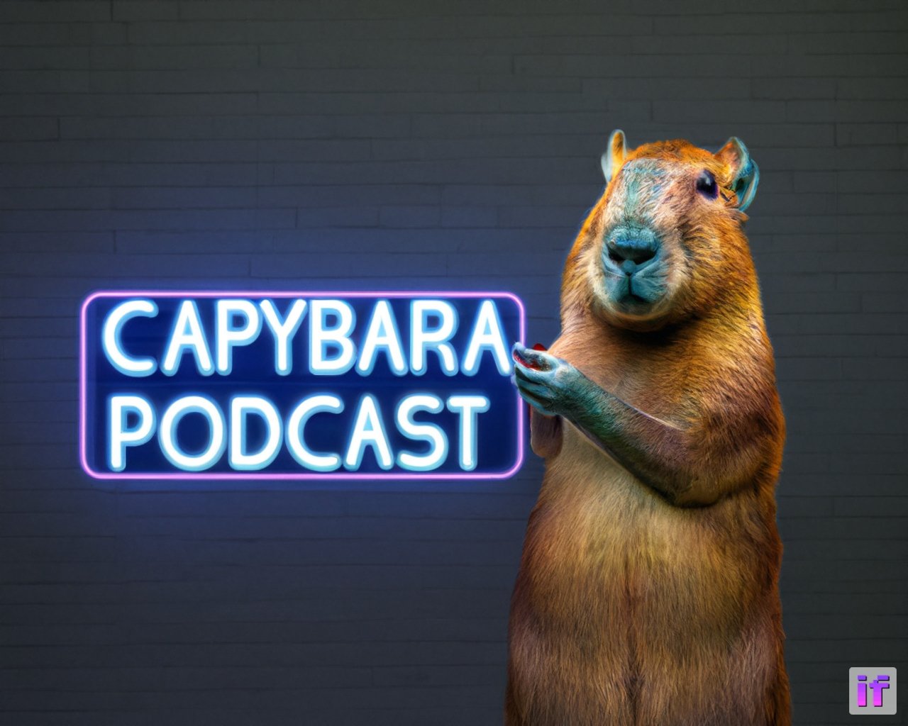 DeepFloyd on Twitter: "capybara holding a neon sign with text that reads "capybara podcast", a ...