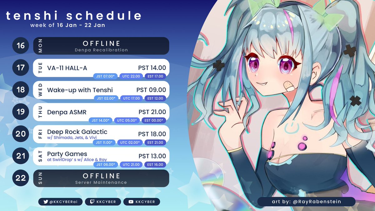 Chroneco🎨 on Twitter: "RT @KKCYBERai: 🩹Tenshi Schedule 1.16 - 1.22🩹 Times local to PDT / UTC - 8 ...