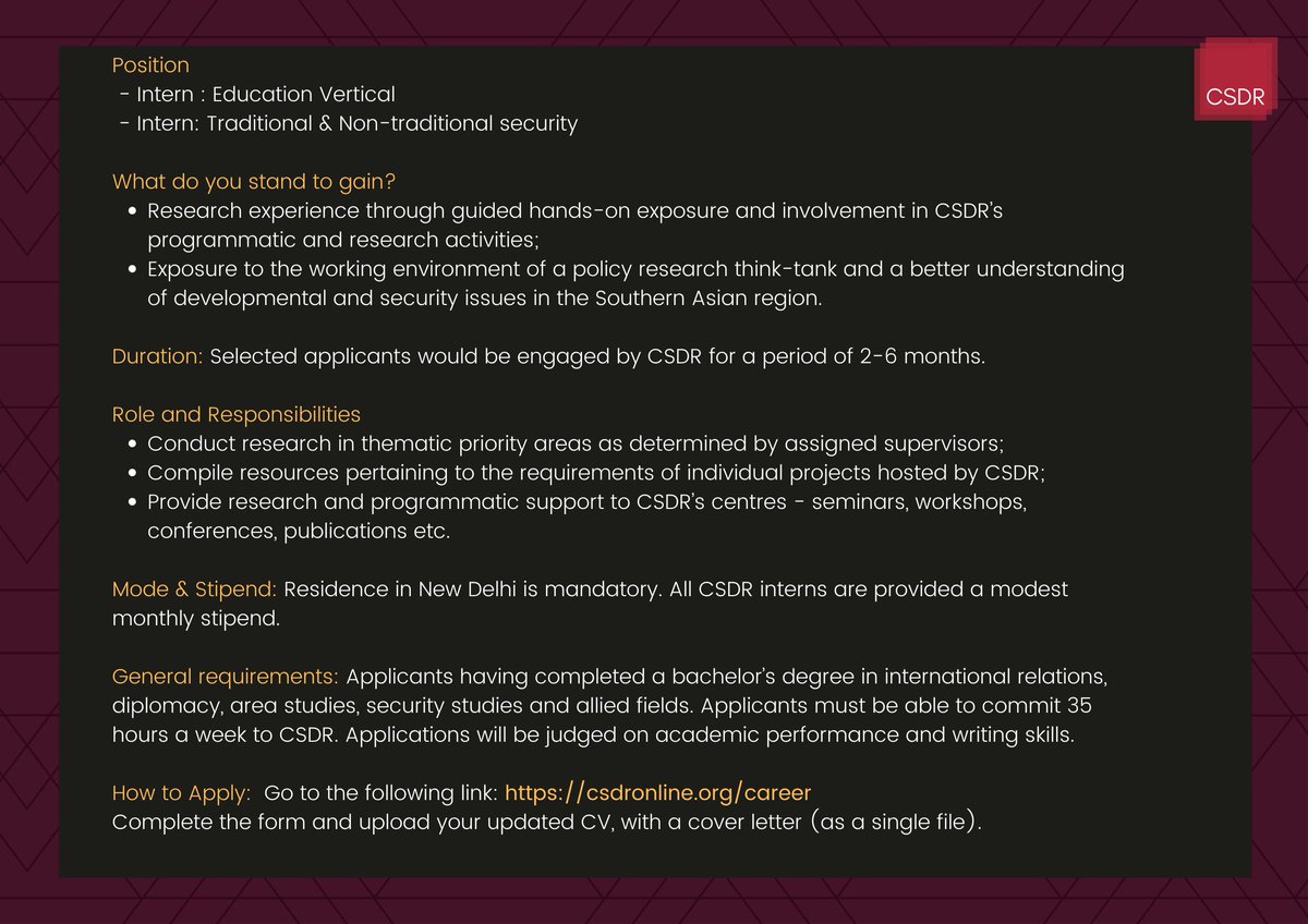 CSDR on Twitter: "📢Internship Opportunity📢 We are looking for two interns to join our team! Come ...