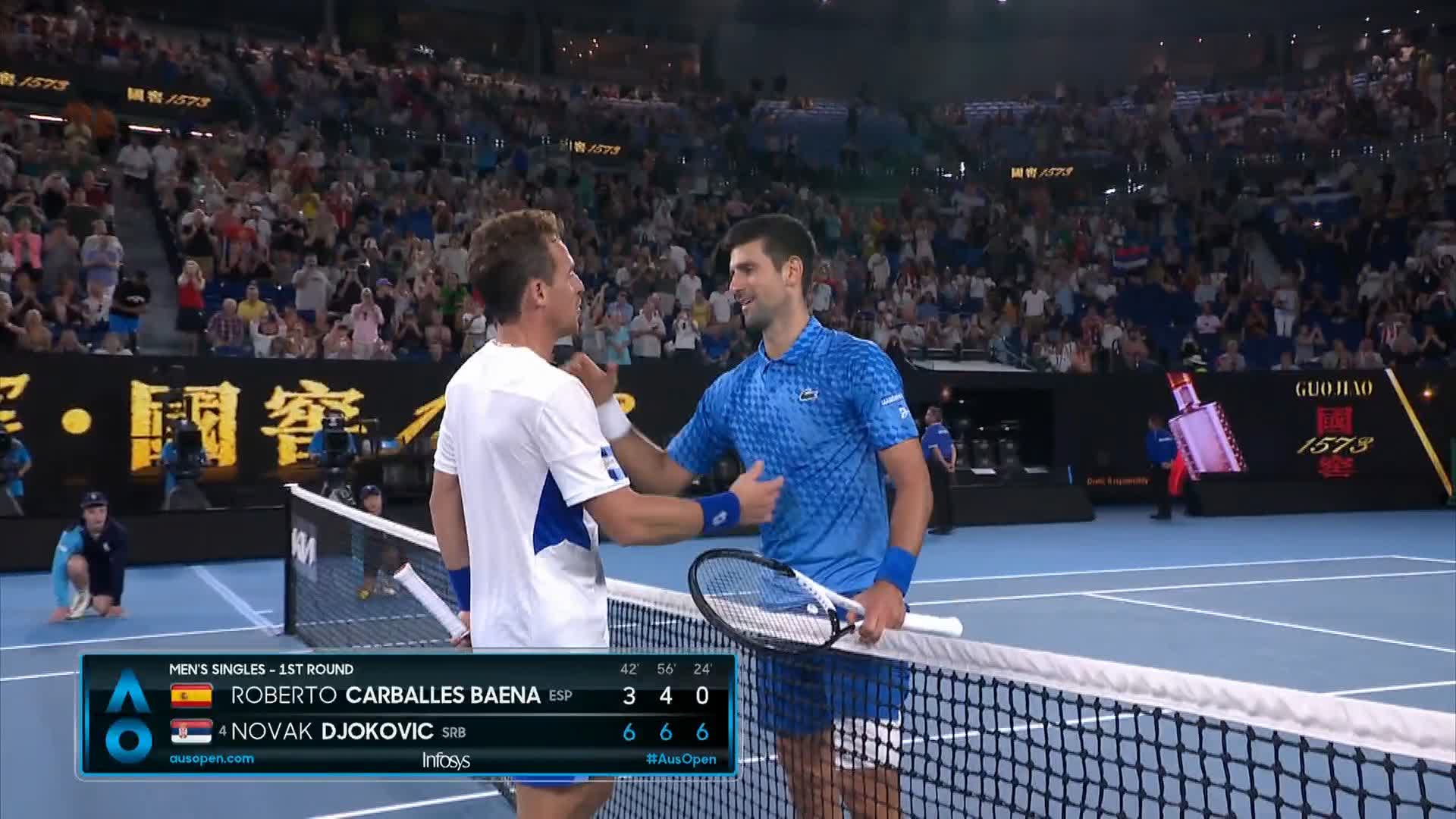 #AusOpen on Twitter: "Welcome back, Novak. 👋 @DjokerNole beats Carballes Baena 6-3 6-4 6-0 to ...