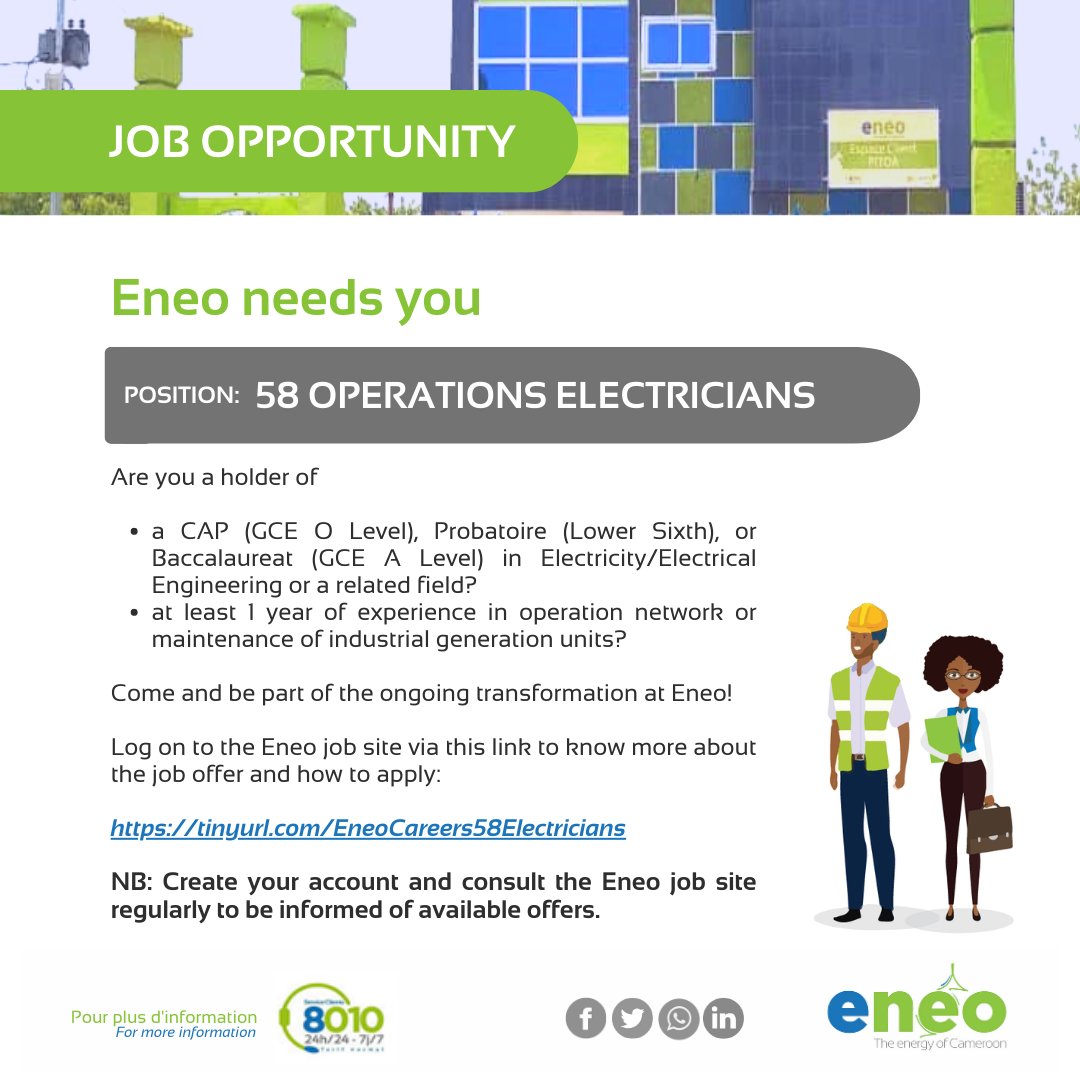 Eneo on Twitter: "#EneoCareers | Eneo needs you… We are currently looking for 58 Electricians ...
