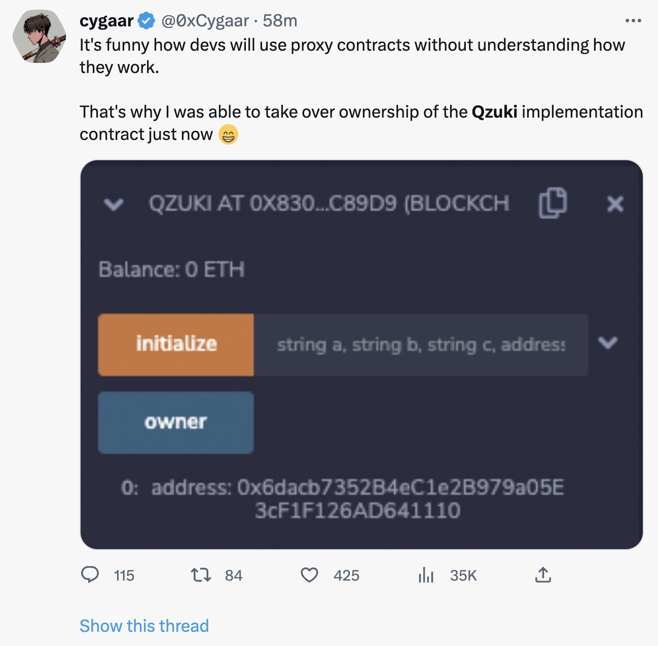 NFT黑魔法 on Twitter: "NFT冷知识：这位朋友FUD的姿势我是头一次见。 详细解释一下他做了啥吧。总结来说，qzuki部署了2个合约，一个叫做代理合约（proxy），一个叫做 ...