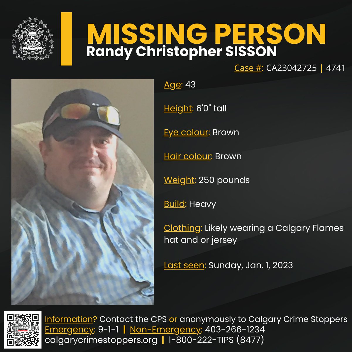 Calgary Police on Twitter: "Please help locate Randy SISSON, 43, last seen on Sunday, Jan. 1 ...