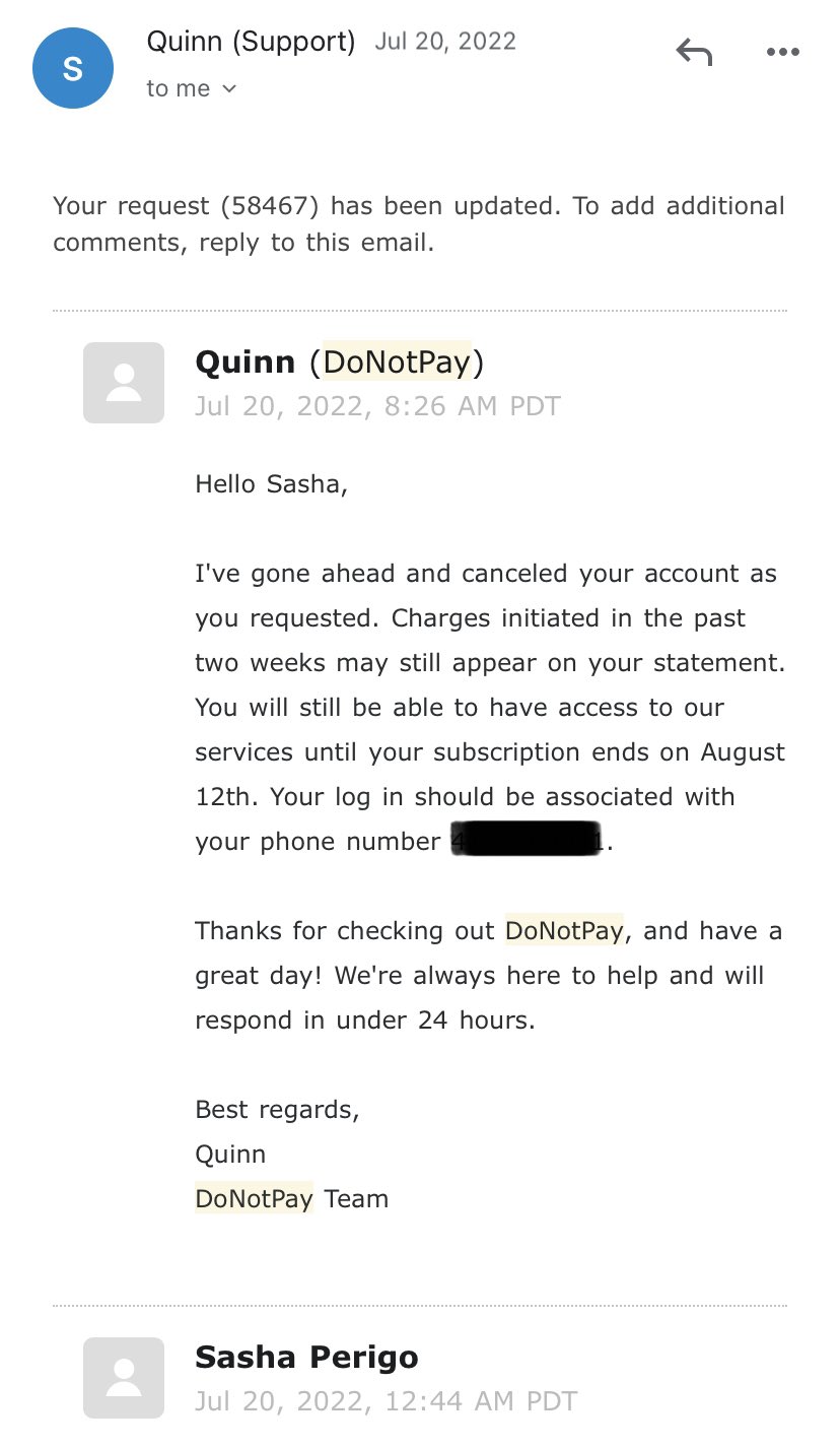 Sasha Perigo on Twitter: "A customer service rep from @donotpay assured me via email that my ...