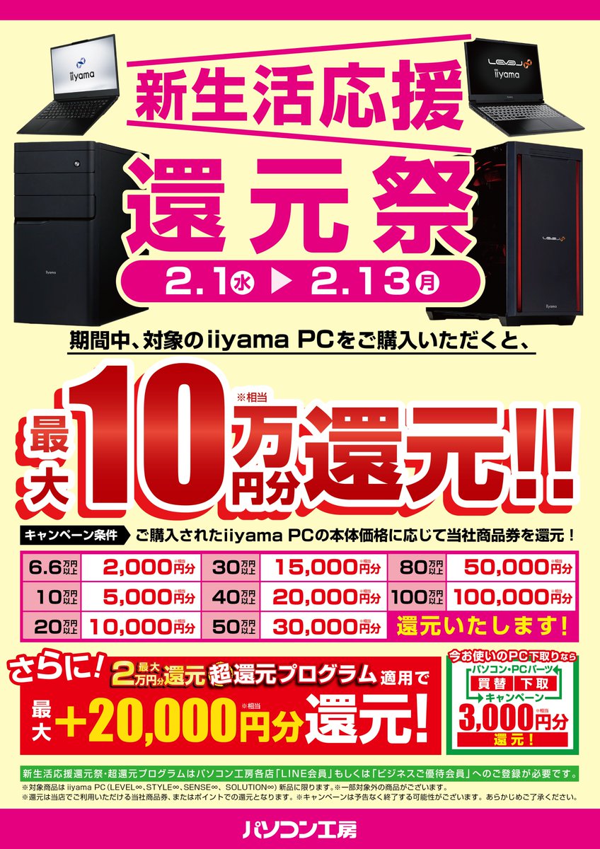 パソコン工房奈良店 On Twitter 🎉新生活応援還元祭🎉 対象pcゲーミングpc をご購入の お客様を対象に最大100000円相当分還元‼ さらに【超還元プログラム】【下取り
