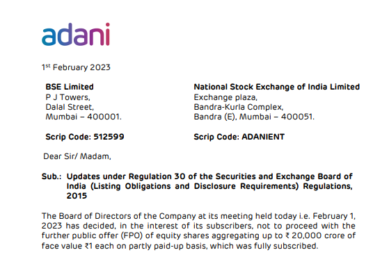 #Breaking | Adani Ent says it won't proceed with the #FPO # ...
