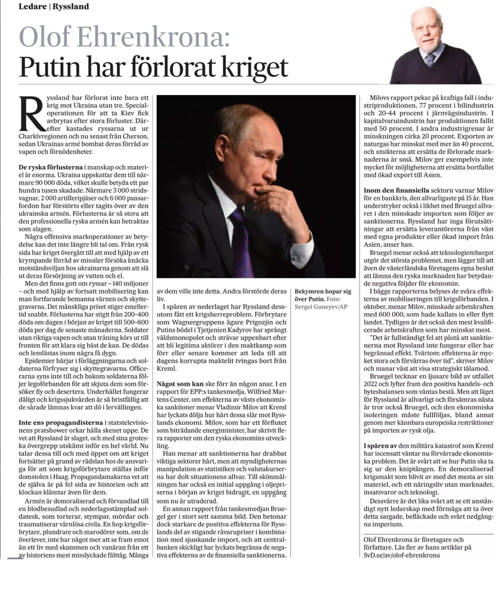 Jari Lairolahti on Twitter: "Utsökt Ledare i @svd av @Olofeh om att #Putin har redan förlorat ...