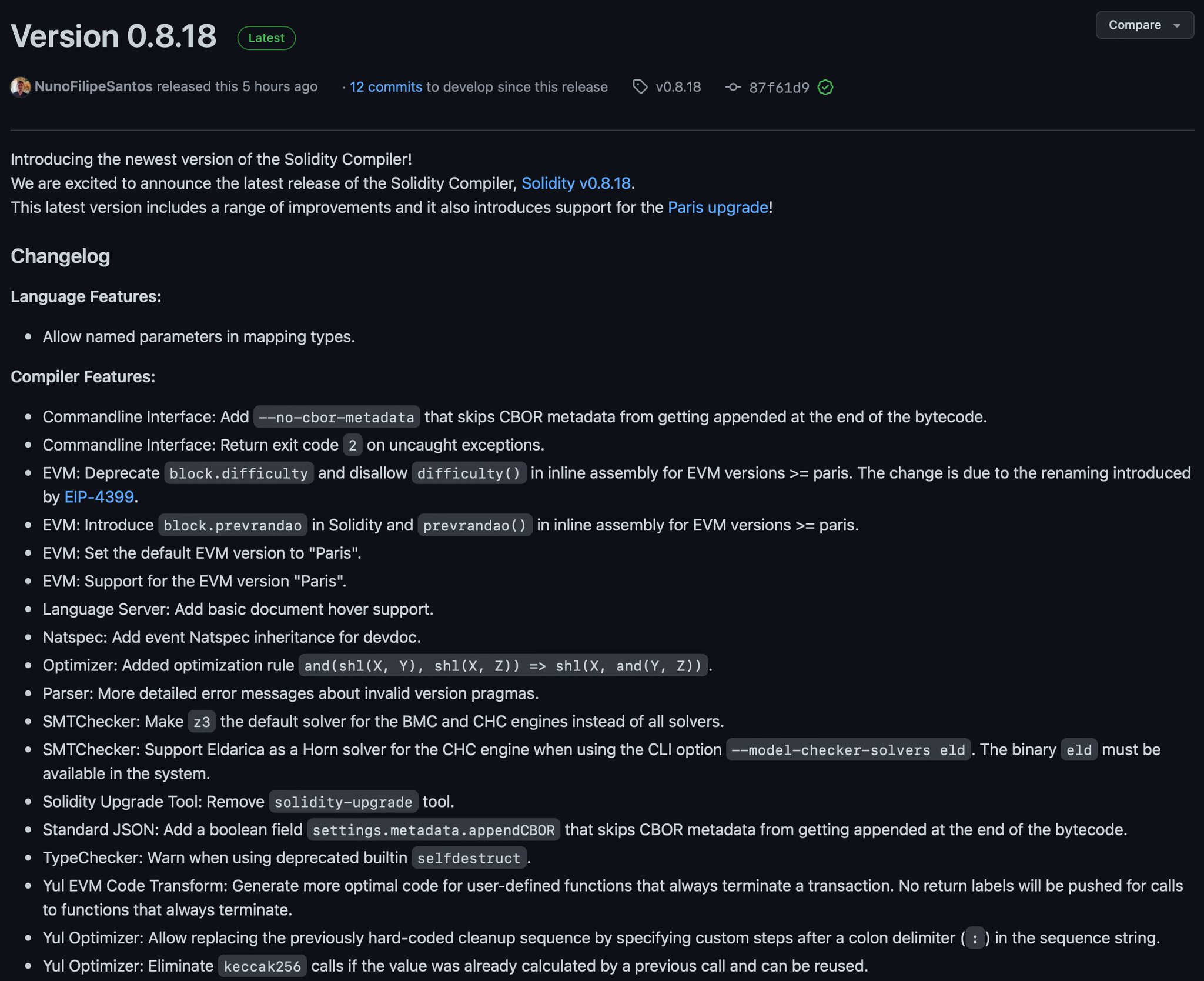 Solidity on Twitter: "We just released Solidity 0.8.18! 🚀 This version includes the following ...