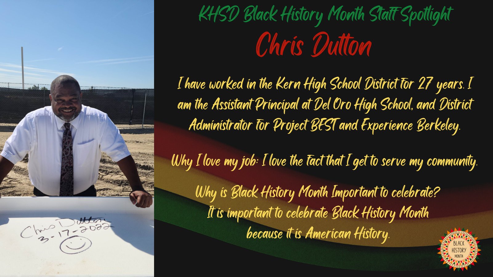KHSD on Twitter: "KHSD Black History Month staff spotlight: Chris Dutton, Assistant Principal ...