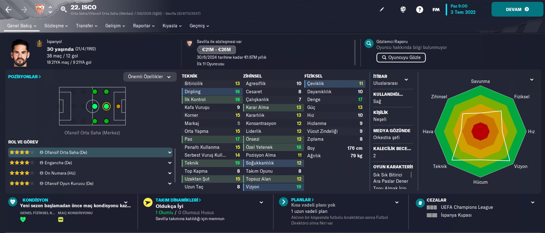 günlük fm dozu on Twitter: "Konyaspor'un transfer gündeminde olan Isco'nun #FM23 profili. (🔗 ...