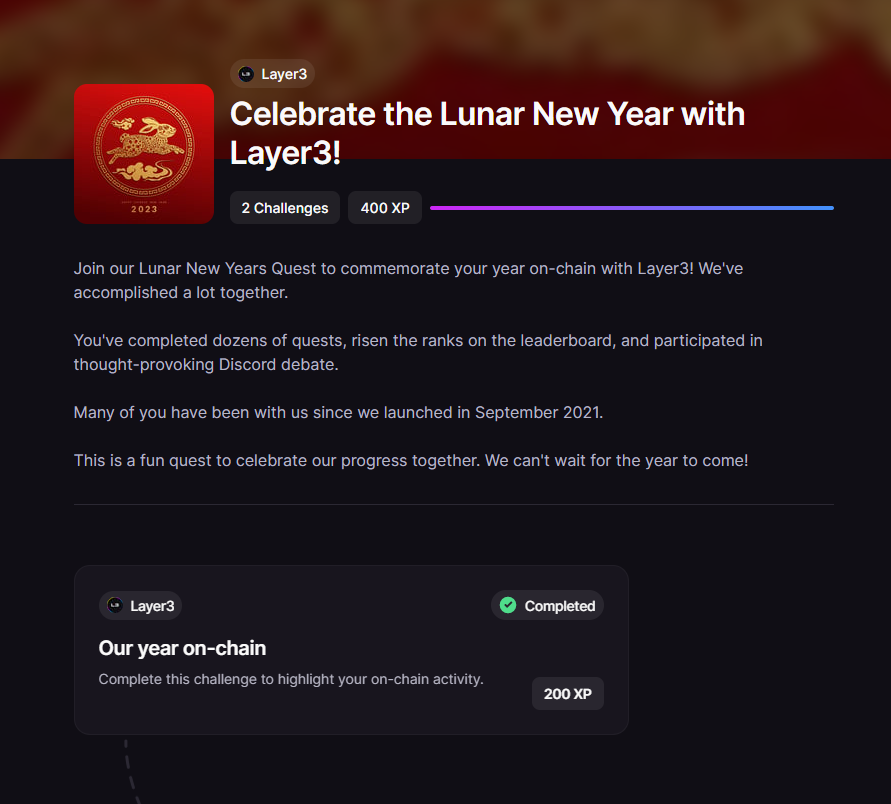 Crypto Duck on Twitter: "เควสตรุษจีน @layer3xyz น่าจะผ่านง่ายๆ ได้ 400 XP กันทุกคนครับ 👉 https ...