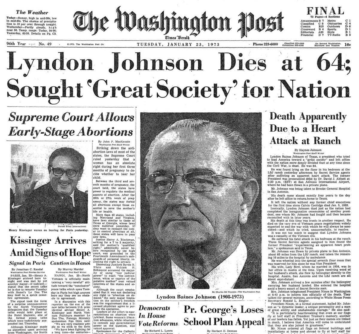 RetroNewsNow on Twitter: "On January 22, 1973, former President Lyndon ...
