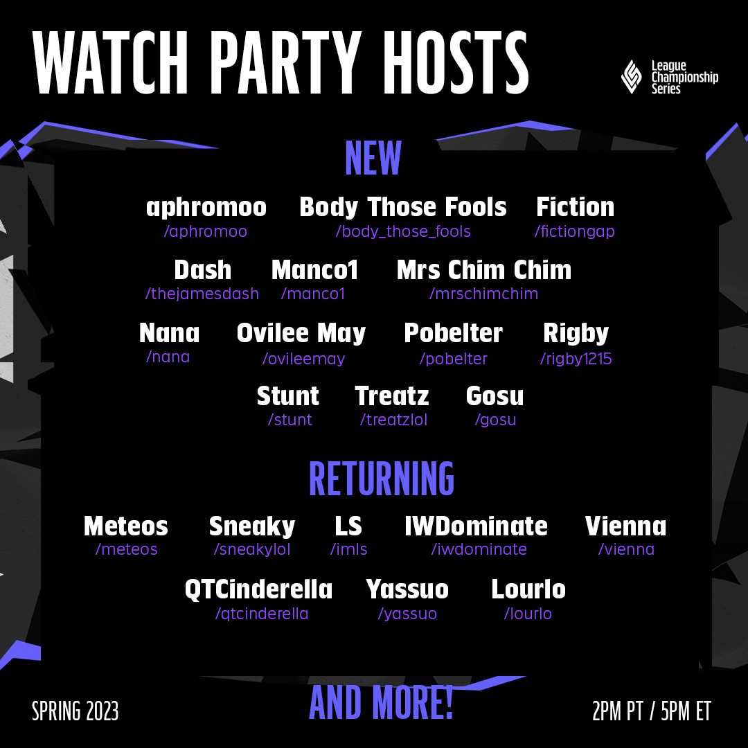 LCS on Twitter: "Welcome to our new and returning Watch Party Hosts for the 2023 #LCS Spring ...