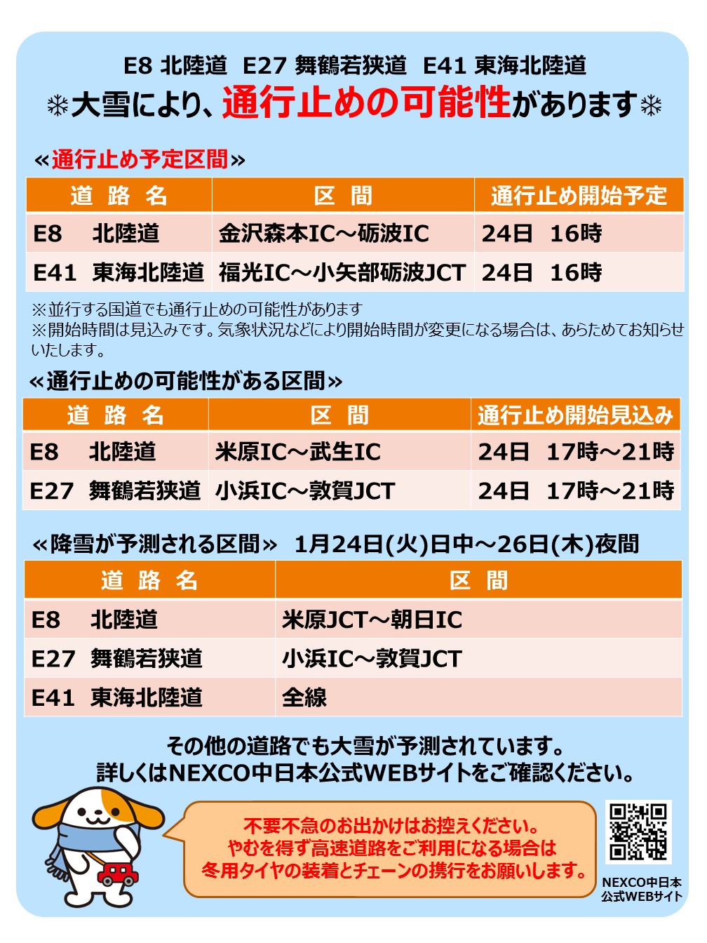 NEXCO中日本 金沢支社 on Twitter: "【通行止め予定のお知らせ】 大雪のため、以下の区間で16時から通行止めを行う見込みです。 #北陸道 金沢森本IC～砺波IC #東海北陸道 ...