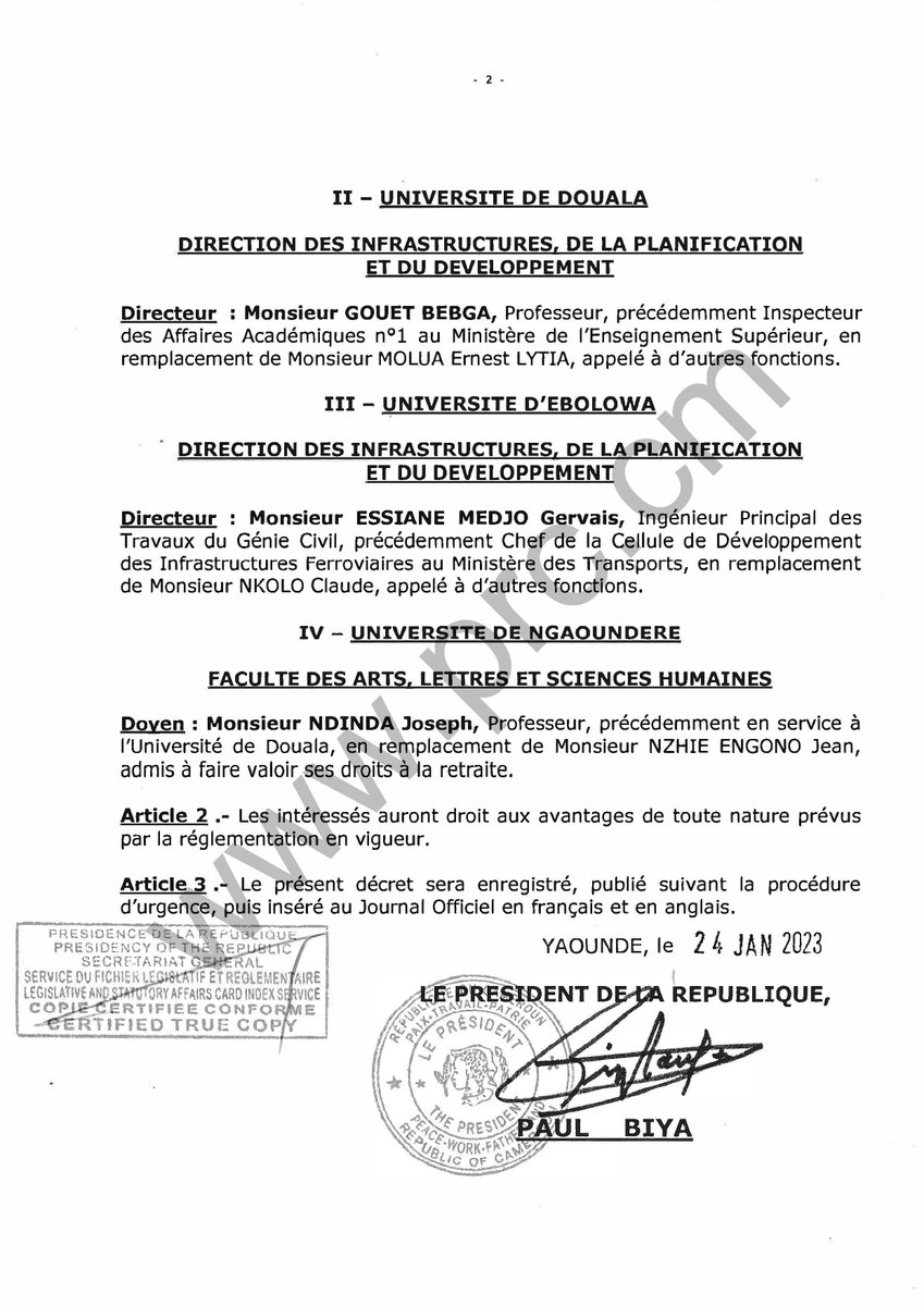 President Paul BIYA on Twitter: "Décret N°2023/040 du 24 janvier 2023 portant nomination de ...