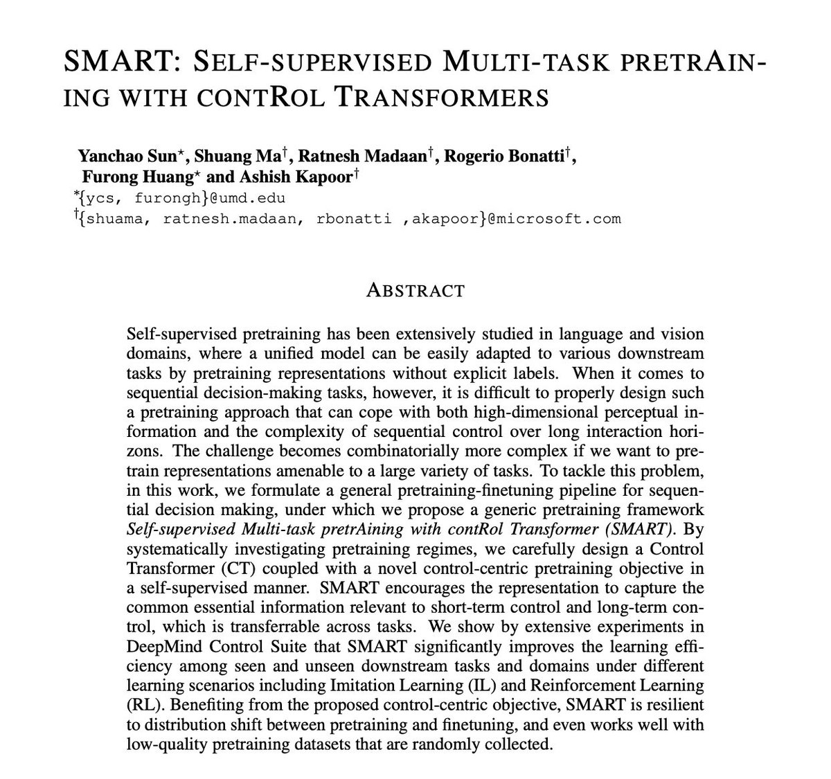 AK on Twitter: "SMART: Self-supervised Multi-task pretrAining with contRol Transformers abs ...