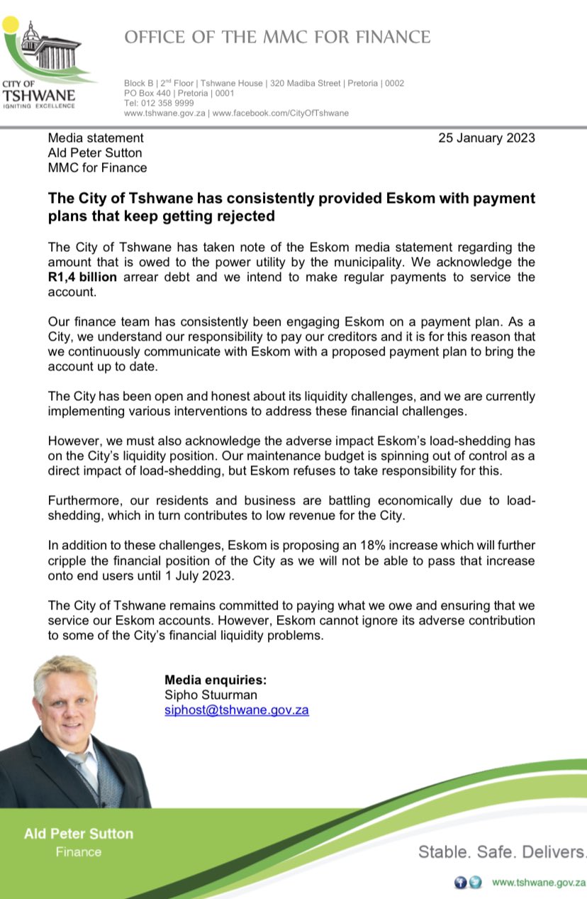 Mayor Randall Williams on Twitter: "STATEMENT: The City of Tshwane has consistently provided ...