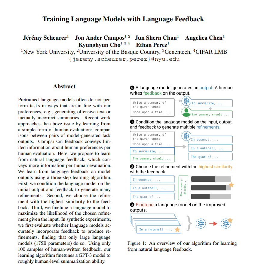 Aran Komatsuzaki on Twitter: "Training Language Models with Language Feedback Proposes to learn ...