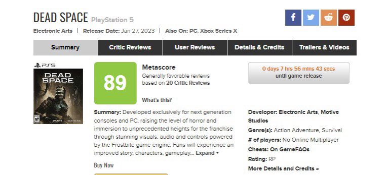 Guilherme Fanin ᴼⁿᶠⁱʳᵉ on Twitter: "E saiu a nota no metacritic de Dead Space Eai, masterpiece ...