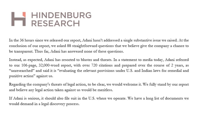 Prashant Bhushan on Twitter: "Hindenburg Research's rejoinder to Adani's hilarious bluster on ...