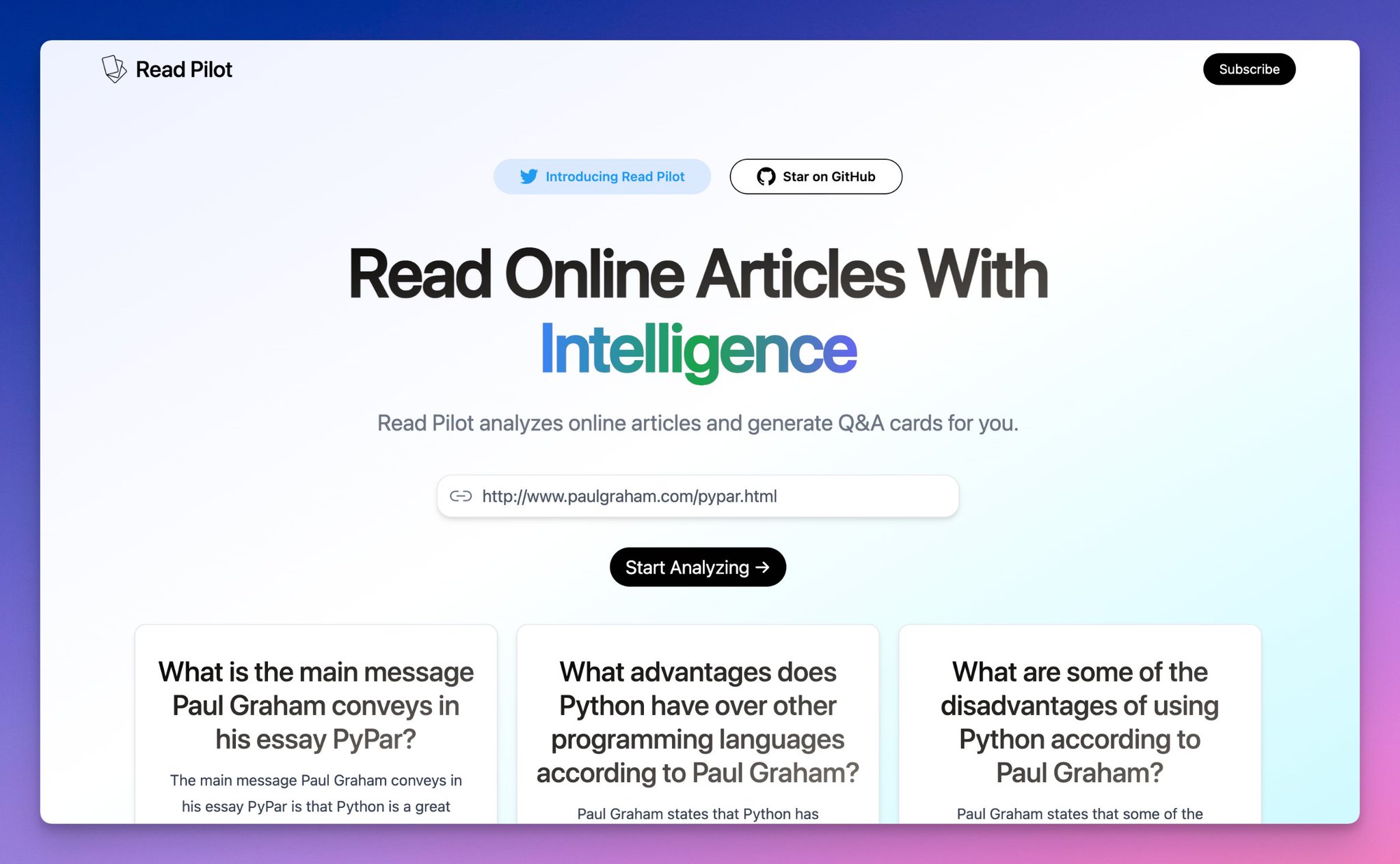 Jiayuan on Twitter: "Introducing Read Pilot 📖 1. Input a link 2. Analyze the content from this ...