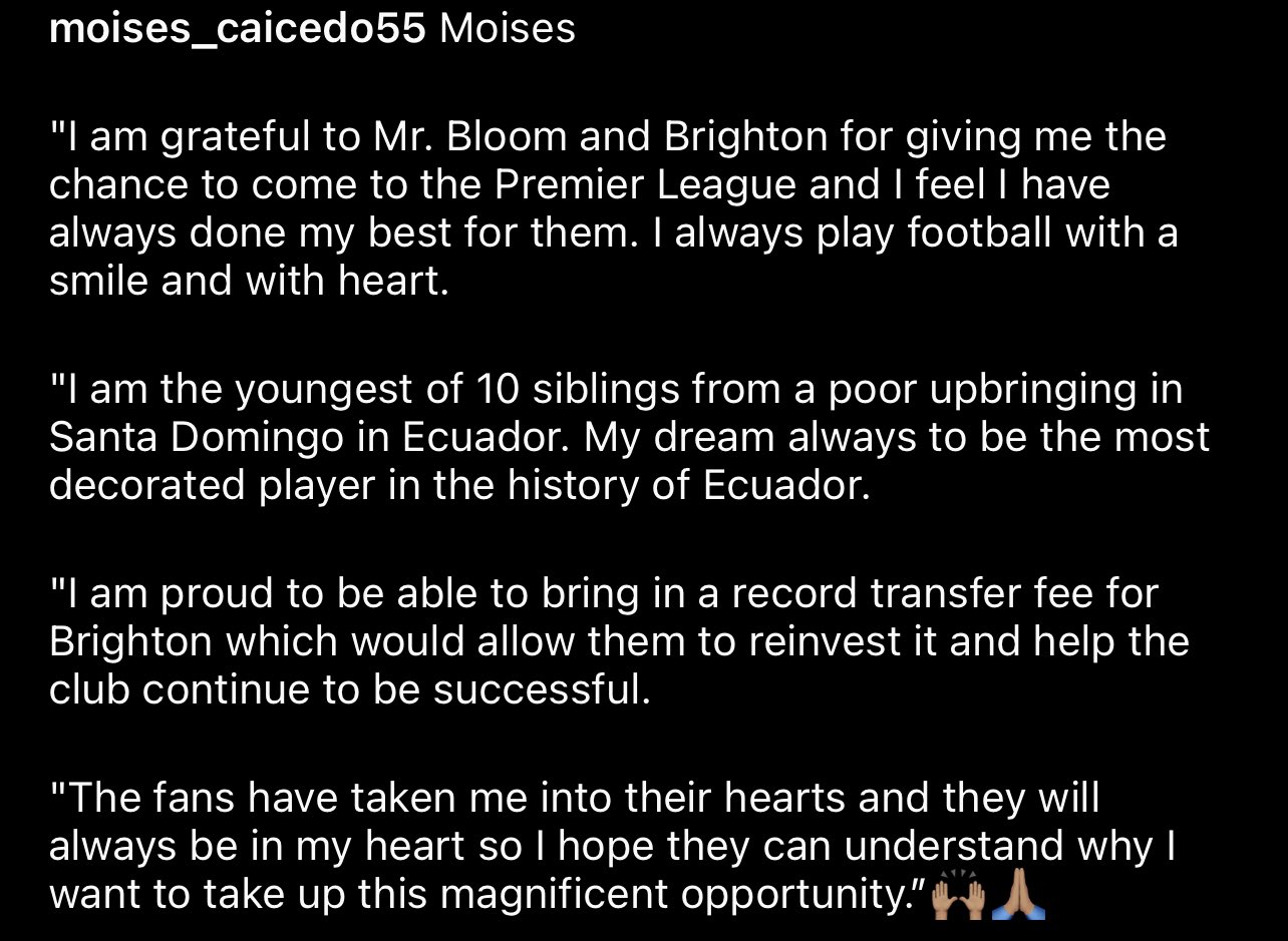 EuroFoot on Twitter: "🚨🔵 Moisés Caicedo has expressed on Instagram that he wants to leave ...