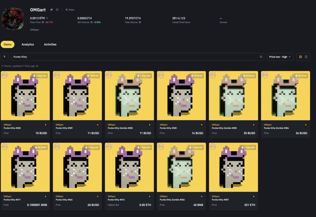 Mr. NFT - OMGart on Twitter: "OMGart's Punks Kitty Volume: 19.3 ETH https://binance.com/en/nft ...