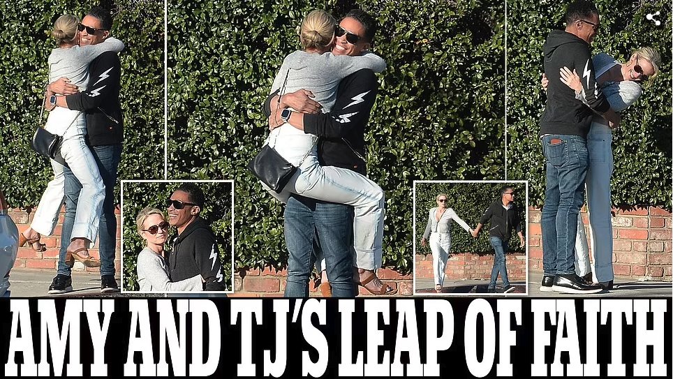 Time to celebrate? Amy Robach leaps into TJ Holmes' arms and wraps her ...