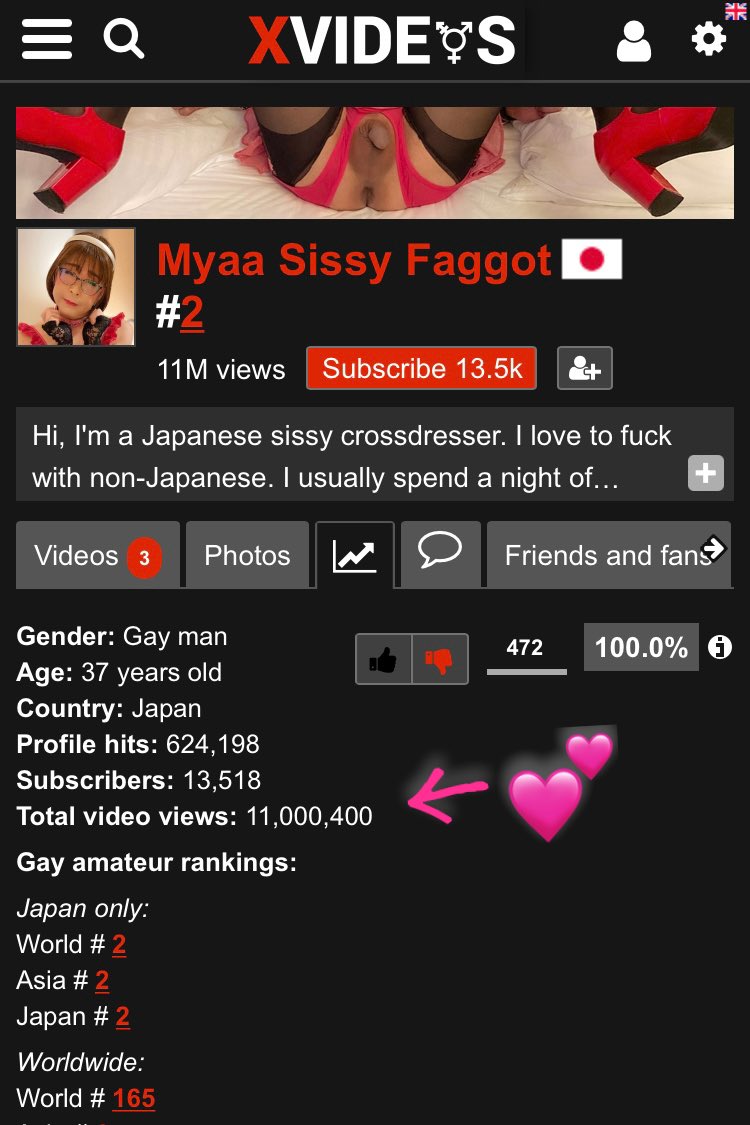 みゃあ on Twitter: "#XVIDEOS の総再生回数が1,100マンコに達しました🤗 ハッテン場でお会いすると"動画みてます"と言われることがまぁ多いことw 実にありがたい話です☺ ...