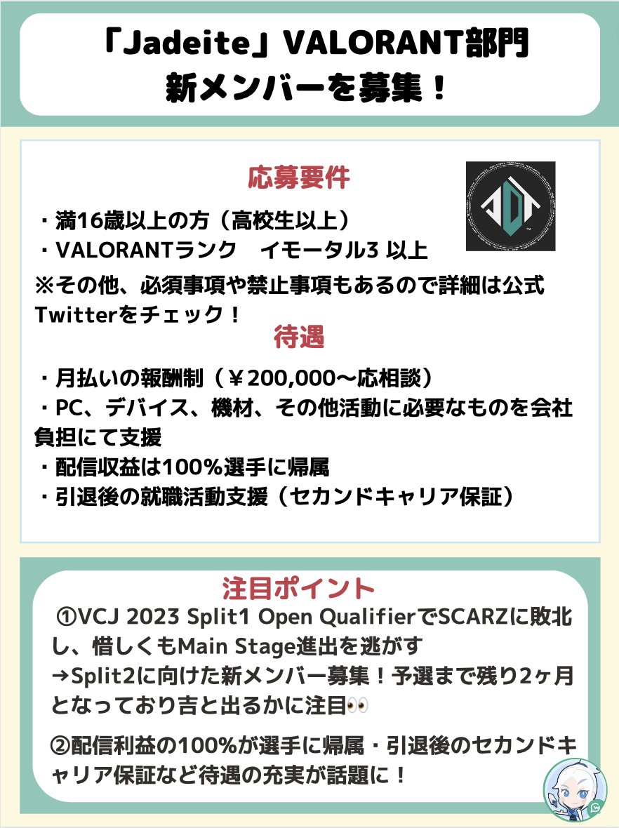 VALORANTまとめ by GameWith on Twitter: "【チーム情報📢】 「Jadeite」VALORANT部門新メンバーを募集！待遇の充実が話題になっています👀 https ...