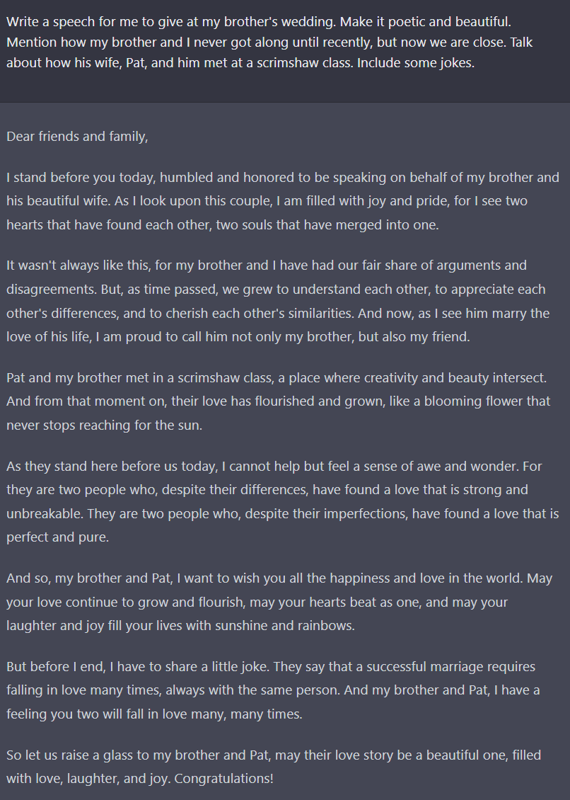 ChatGPT does a pretty credible job of writing speeches for life events ...