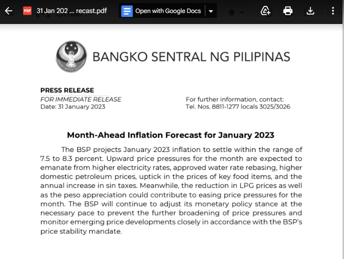 BitPinas on Twitter: "[Read] Month-Ahead Inflation Forecast for January 2023 The BSP projects ...