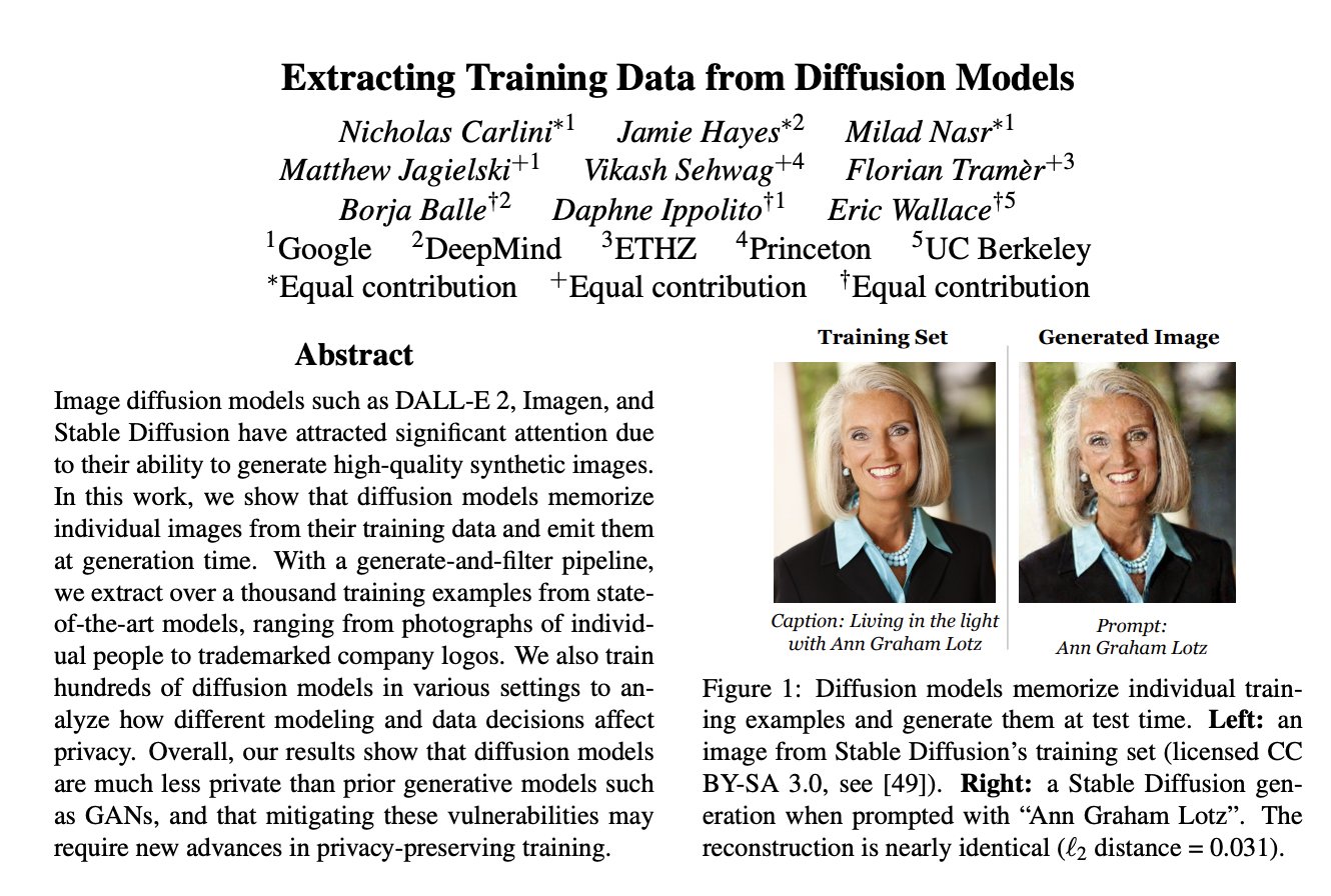 AK on Twitter: "Extracting Training Data from Diffusion Models results show that diffusion ...
