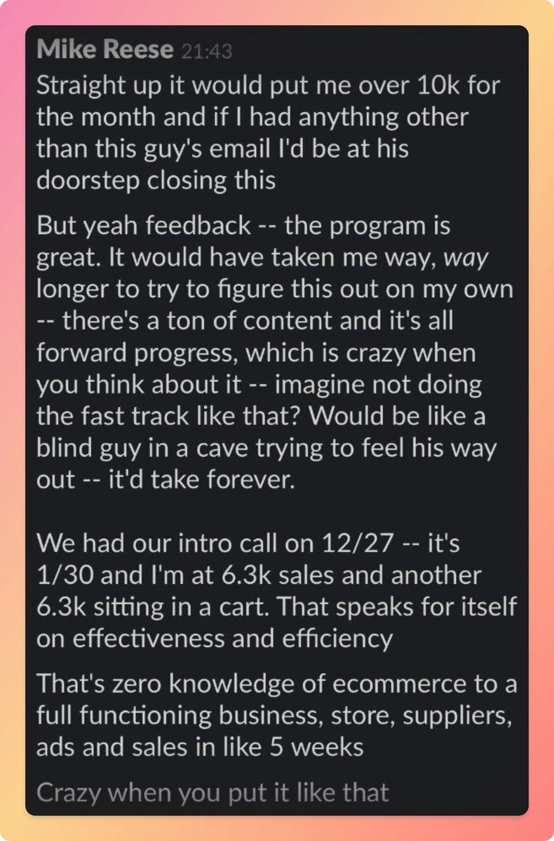 We launched the High Ticket eCom Program October 24th. We help people start in eCom with 0 prior ...