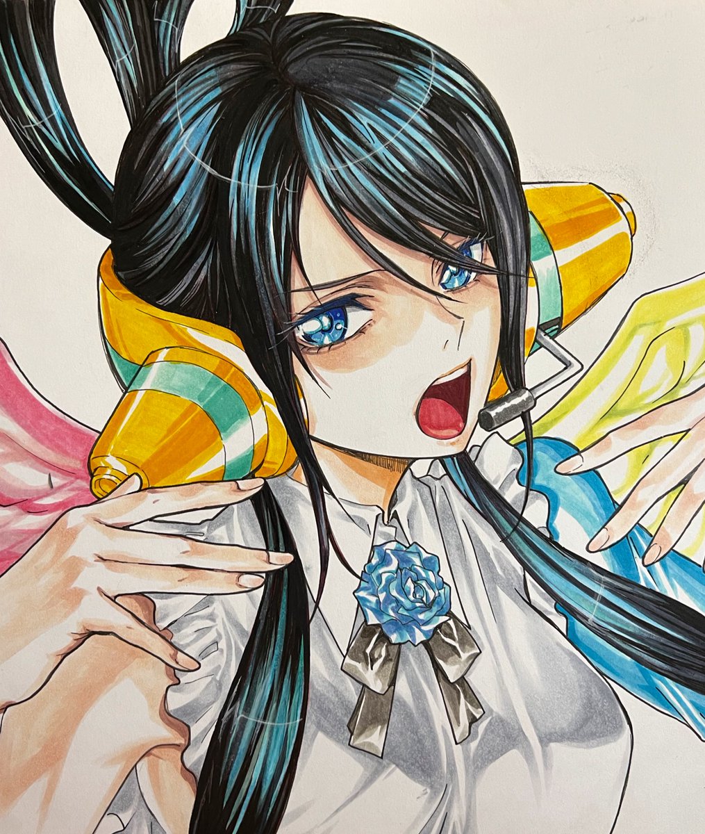 1girl Black Hair Blue Eyes Solo Open Mouth Long Hair Traditional Media