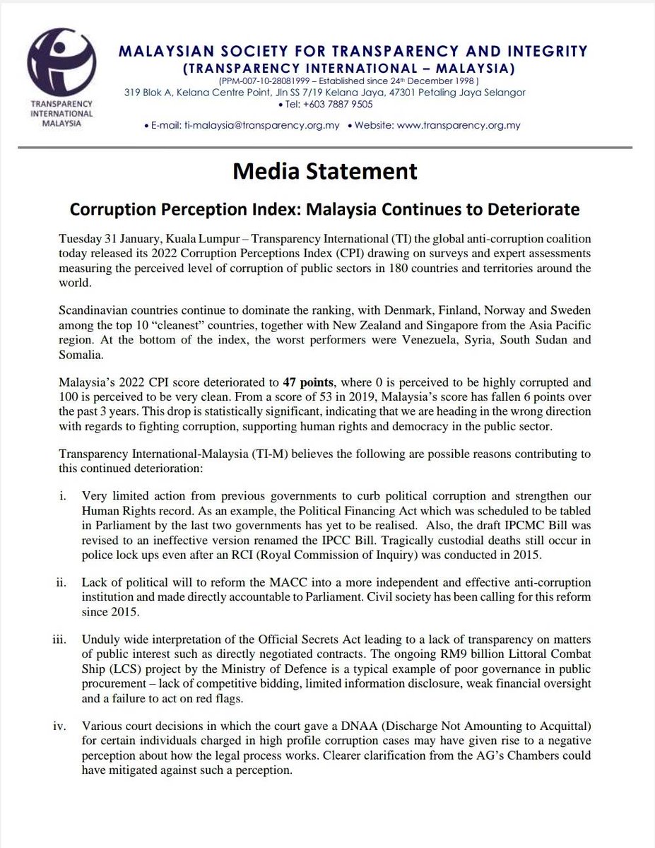 1. Malaysia's Corruption Perceptions Index score deteriorated to 47 ...