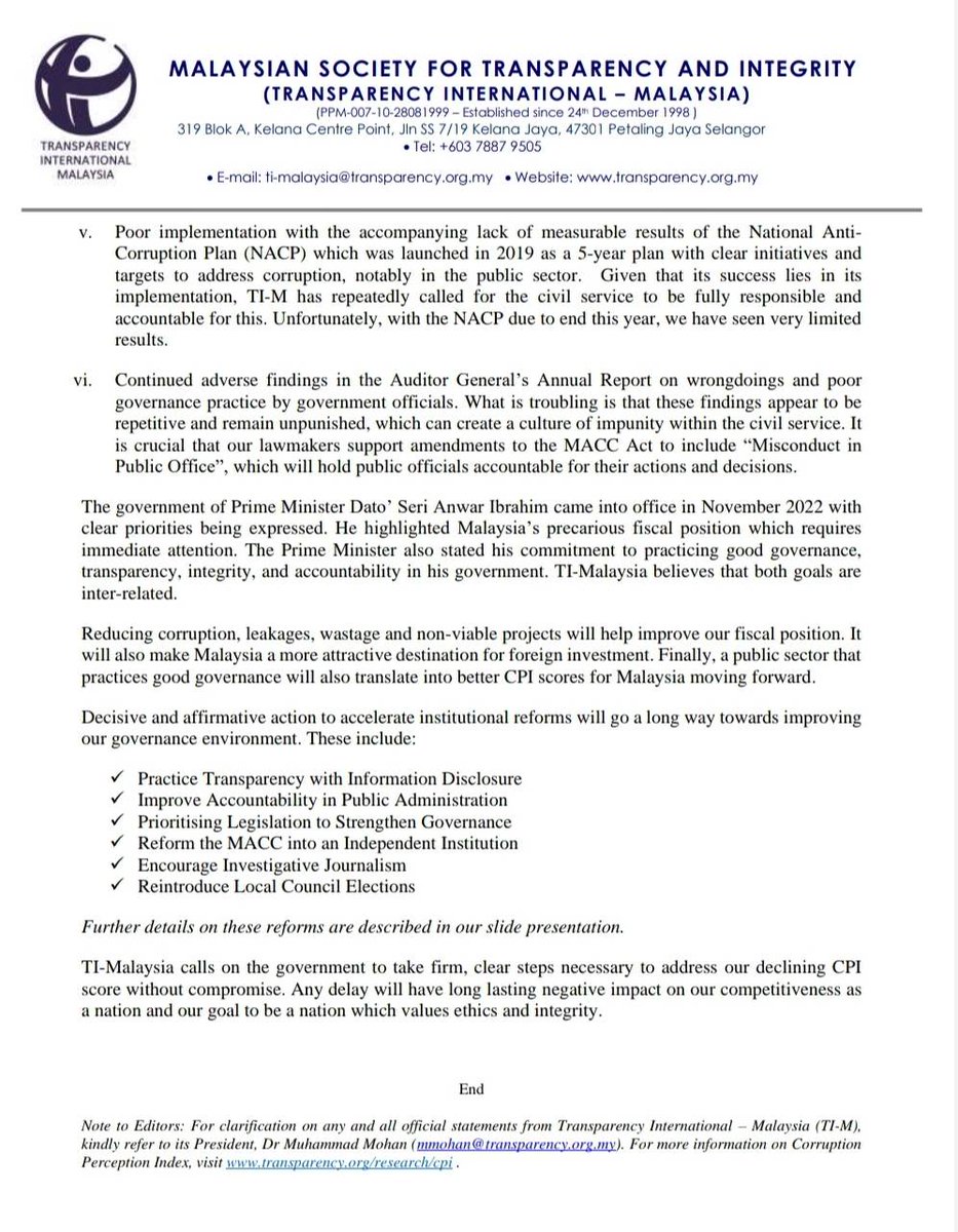 1. Malaysia's Corruption Perceptions Index score deteriorated to 47 ...