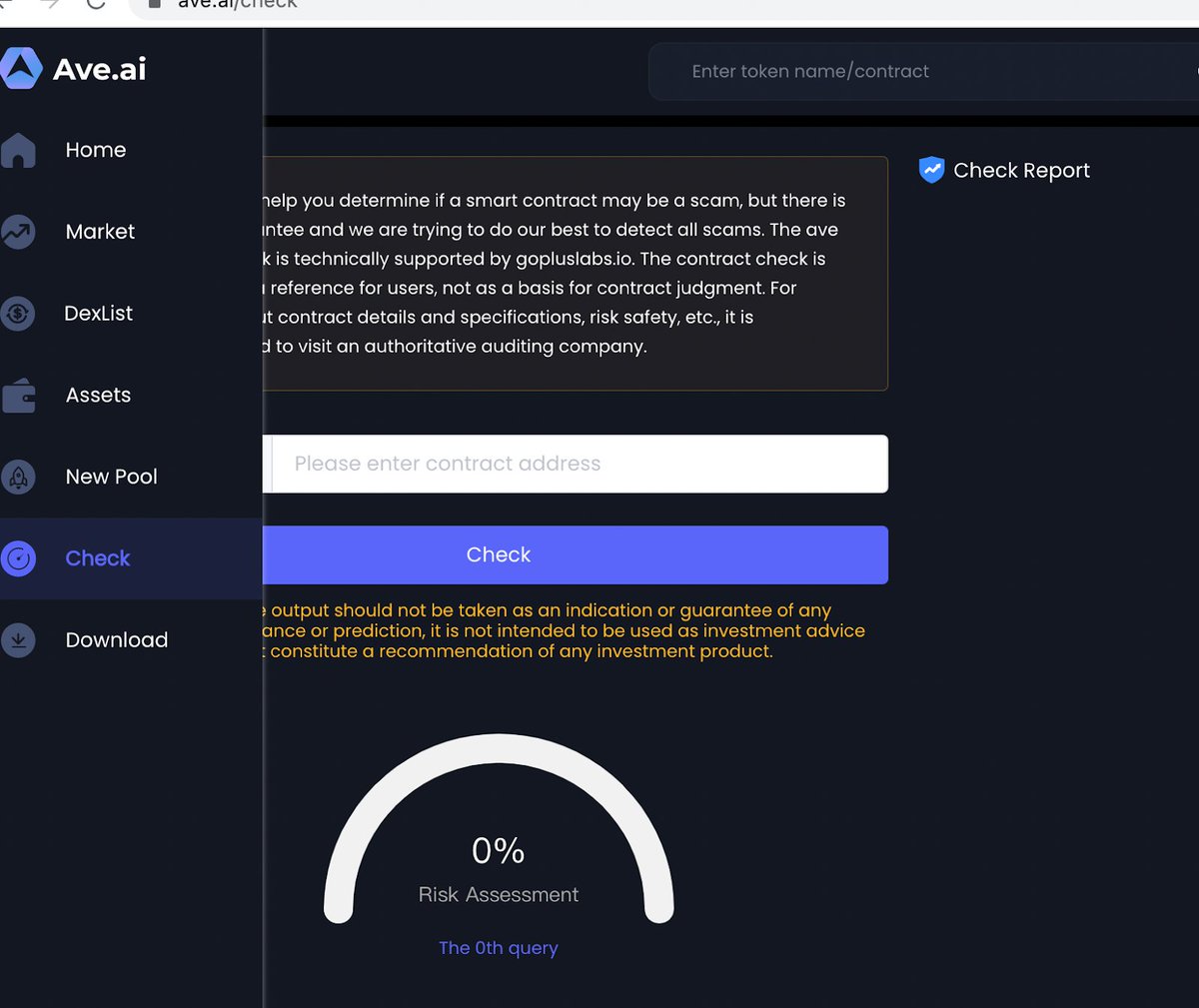 GoPlus Security on Twitter: "When clicking the tab of Check on AveDex , an instant detection for ...