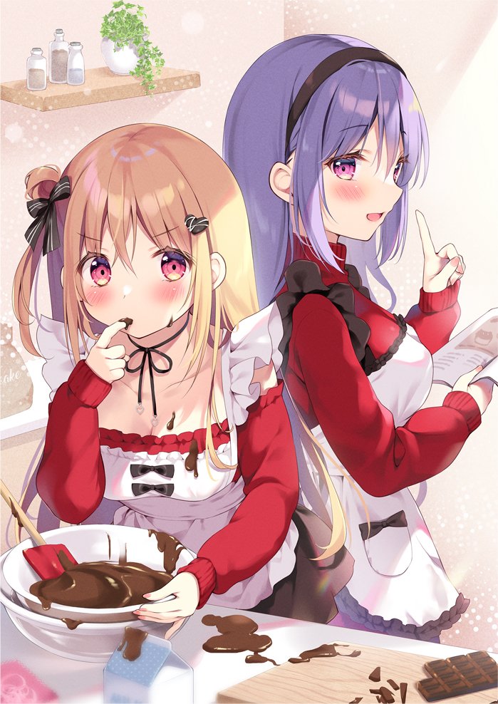 Multiple Girls 2girls Chocolate Apron Long Hair Breasts Mixing Bowl