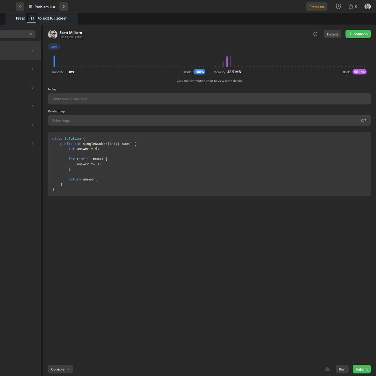 On Twitter Leetcode 136 Single Number Java Runtime Beats 100 