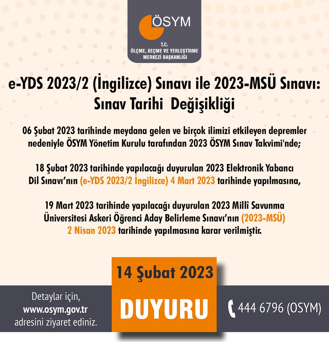 ÖSYM on Twitter: "e-YDS 2023/2 (İngilizce) Sınavı ile 2023-MSÜ Sınavı: Sınav Tarihi Değişikliği ...