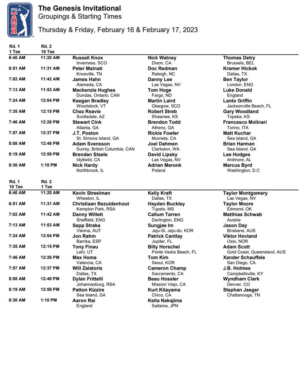 Pga Tour Communications On Twitter Groupings And Starting Times For