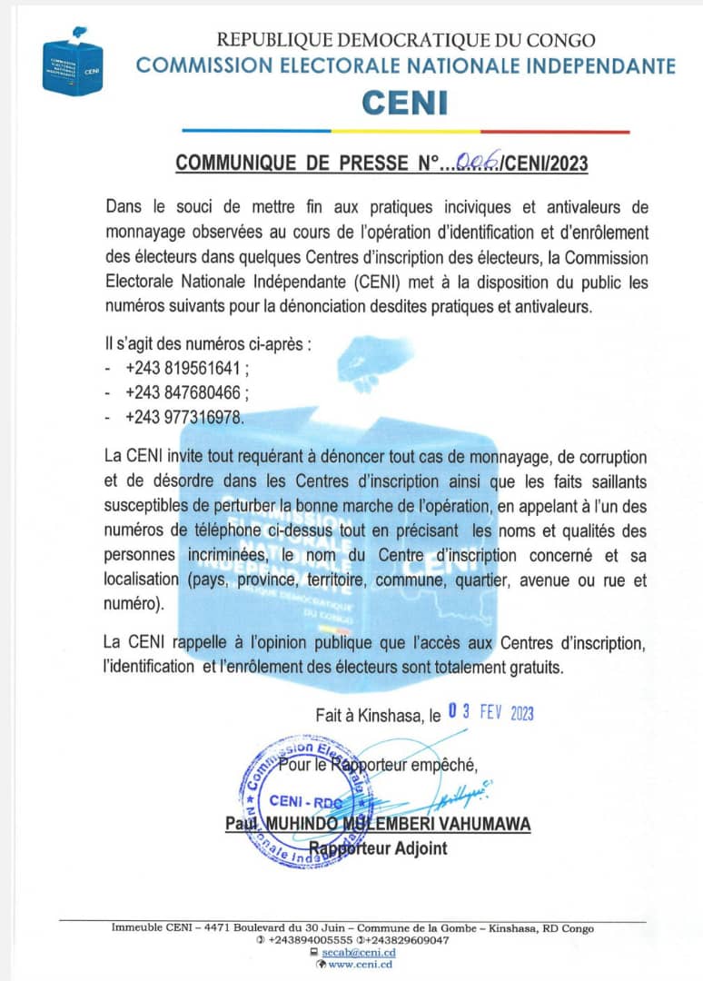 Ceni-RDC on Twitter: "COMMUNIQUÉ DE PRESSE | N°006/CENI/2023 Relatif au cas de monnayage, de ...