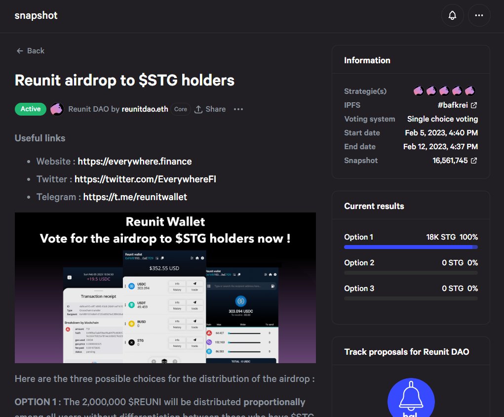 CryptoDuck.bnb on Twitter: "ใครถือเหรียญ $STG ไปโหวต Reunit airdrop ได้ครับ ($REUNI) 👉 https ...