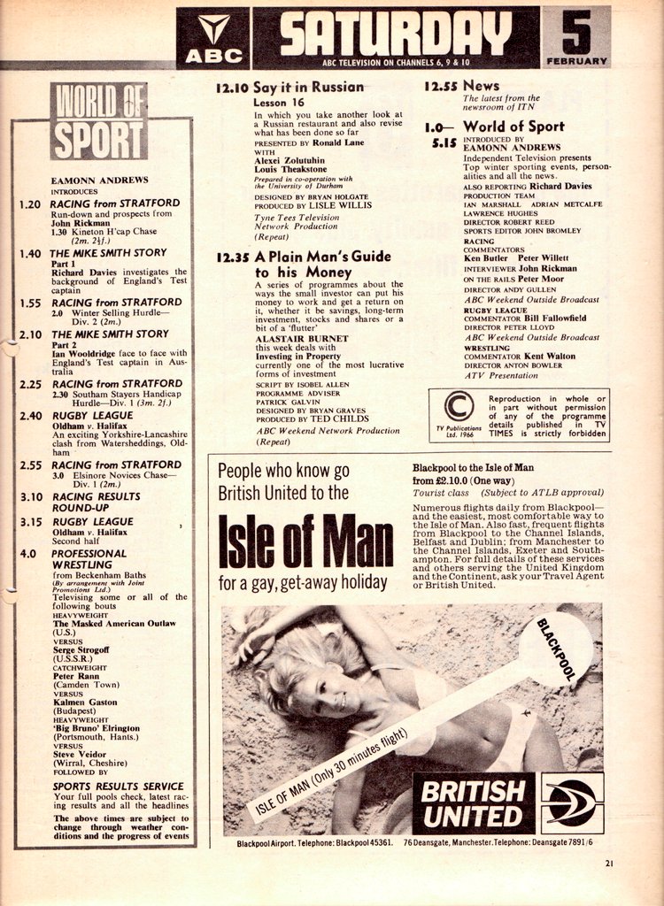Graeme Wood on Twitter: "TV📺5/2/66 ITV 1.0:World of Sport 5.15:Just Jimmy 5.45:News 5.50:Thank ...