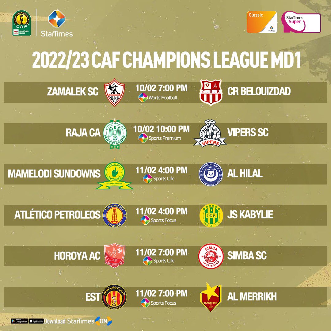 StarTimes Kenya 🇰🇪 on Twitter: "2022/23 CAF Champions League, Group Stage MD 1 Fixtures🔥 Enjoy ...