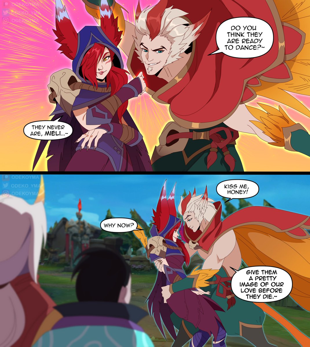theos on Twitter: "RT @odeko_yma: THE REBEL & THE CHARMER #Xayah #Rakan #Aphelios #Soraka # ...