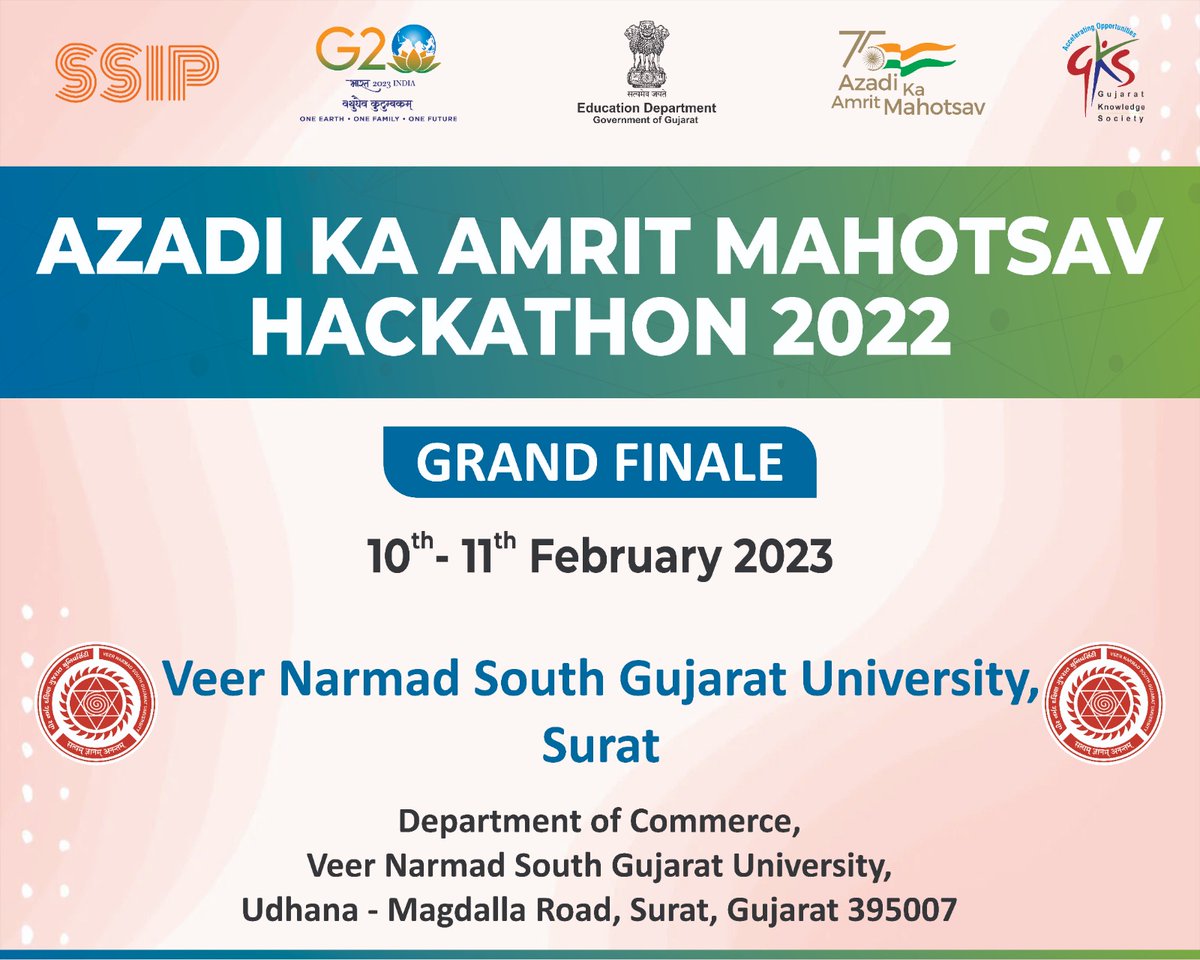 Veer Narmad South Gujarat University on Twitter: "State Level SSIP Hackathon finale round will ...