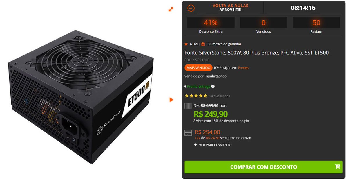 Terabyte on Twitter: "⚠️OFERTA!!⚠️ Fonte SilverStone, 500W, 80 Plus Bronze, PFC Ativo, SST-ET500 ...