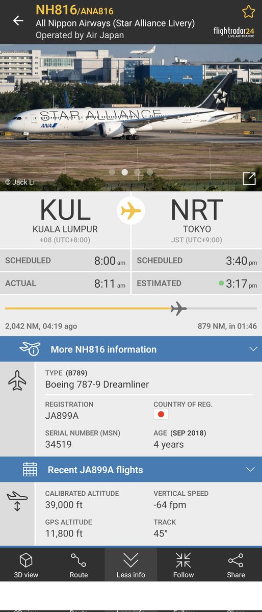 tanch on Twitter: "All Nippon Airways NH816 ANA816 from KUL to NRT B787-9 JA899A STAR ALLIANCE ...